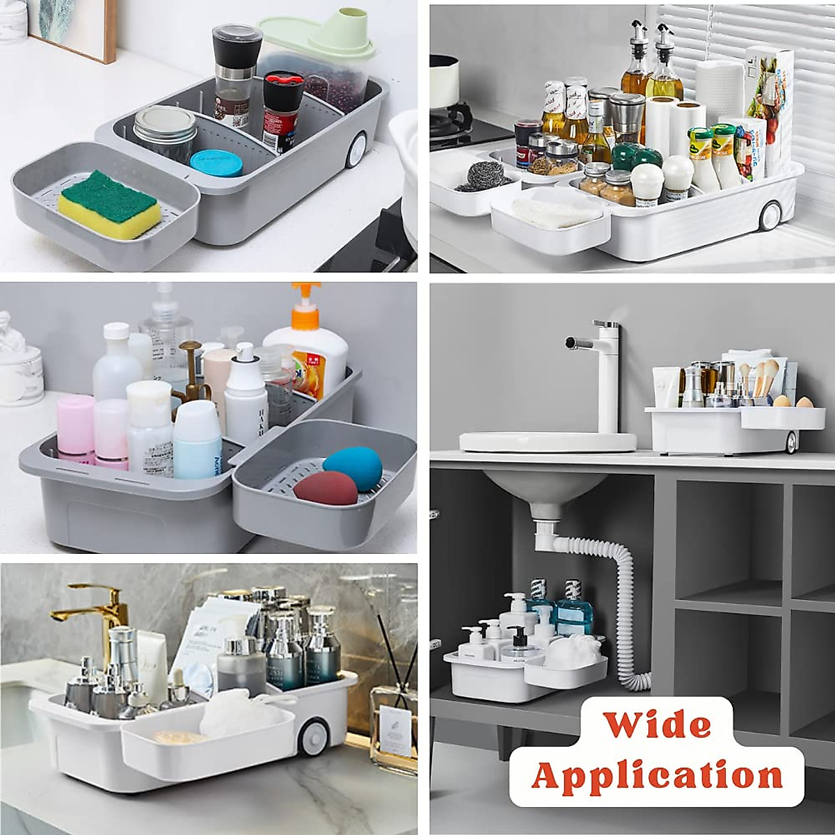 Undersink Pull Out Sliding Storage Basket, Car Shape Wheeled Cabinet Drawer Organizer for Kitchen Bathroom Sink Caddy, with Adjustable & Detachable Dividers and Side Drainer Basket, 8'' Wide Grey