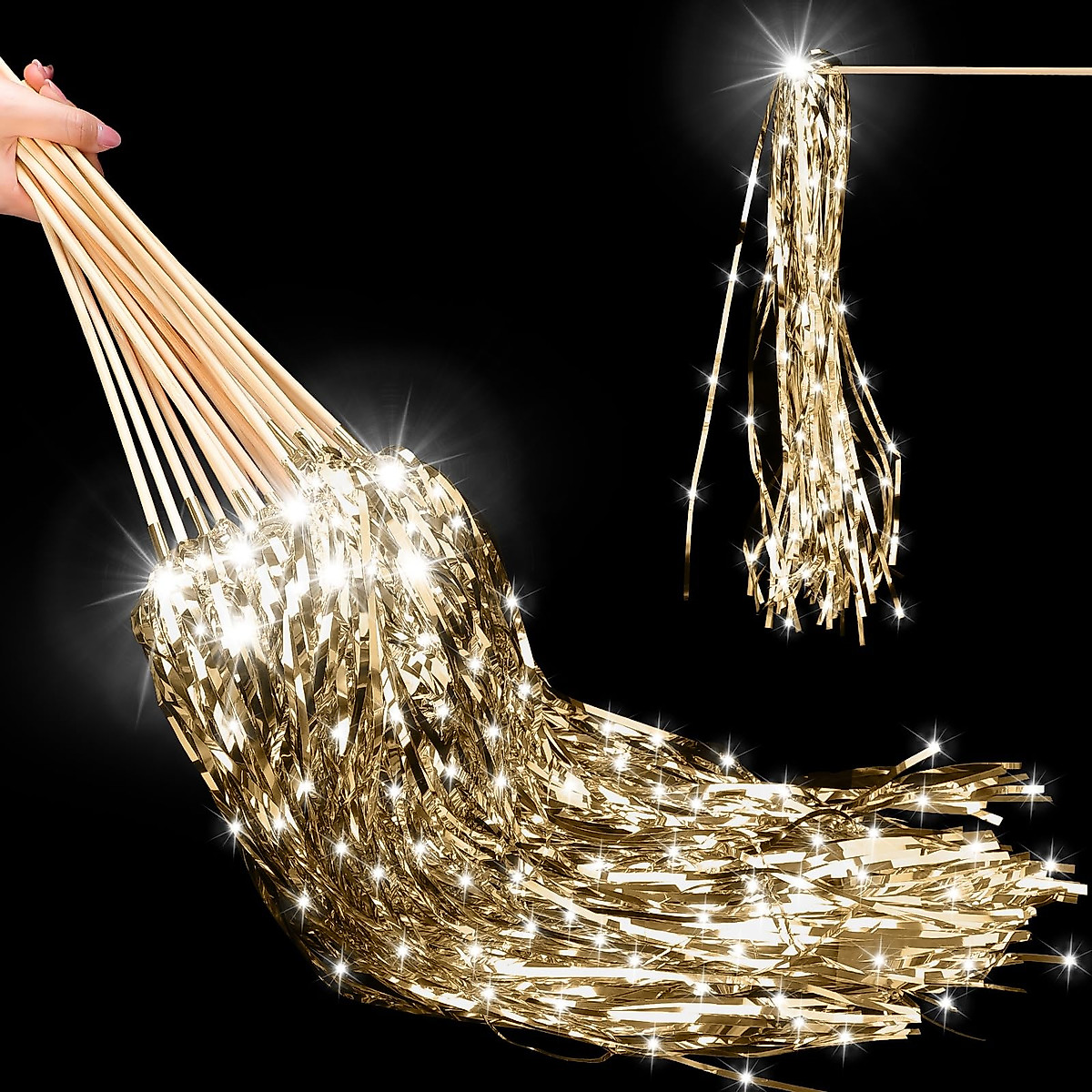 Simgoing 24 Pcs Lighted Wedding Wands LED Tinsel Wedding Wands Light up Wedding Streamers for Wedding Send off and Exits Baby Shower Birthday Party Favors (Champagne Tinsel)