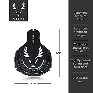 Viski Hawthorne Laser Cut Cocktail Strainer for Drinks with Springs and Scratch Resistant Titanium Finish-Set of 1, Black-Staghead
