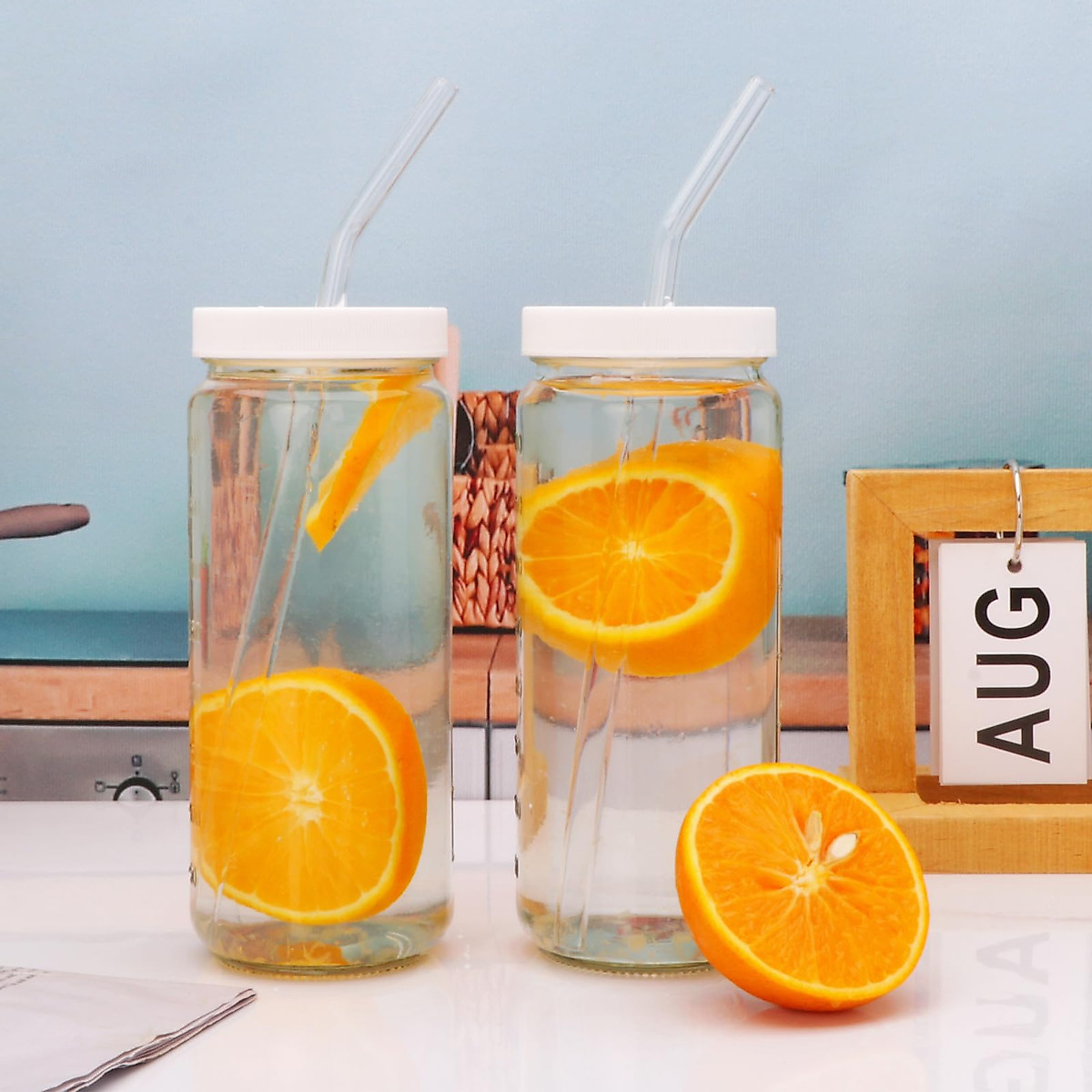 Encheng 16 oz Glass Juice Bottles with Lids,9 Pack Reusable Drinking Jars with Lids and Straws,Clear Round Smoothies Cup for Juicing,Kombucha,Water,Milk,Travel