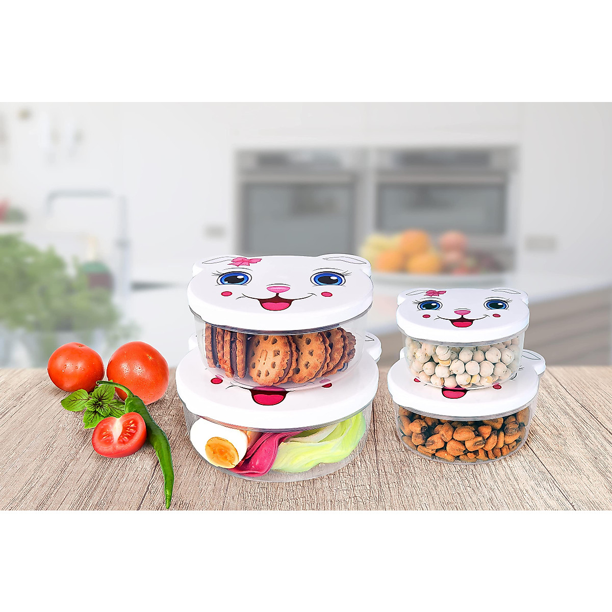 HOBBYLIFE 4 PCS ZOO STORAGE BOX - for Snacks, Food/Puree, Condiments, Picnics Food Prep, Lunch, Plastic Food Storage Containers (White Dog