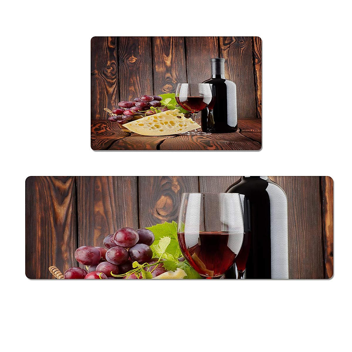 Kitchen Rug Set 2 Piece, Wine Kitchen Floor Mats Waterproof & Non-Slip PVC Leather Anti Fatigue Comfort Standing Mat Washable Kitchen Rugs Runner, Red Wine Grape Cheese Brown Vintage Wood Grain