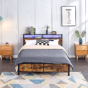 Gustonhon Industrial Queen Bed Frame with Headboard,Metal Bed Frame Queen Size with Storage Under-Bed,Mattress Foundation with LED Lights and Charging Station,2-Tier Storage Shelf (Queen)