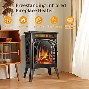 Crzoe Electric Fireplace Stove,1500W Infrared Electric Fireplace Heater with 3D Realistic Flame,Freestanding Fireplace Heater with Remote Control for Small Spaces