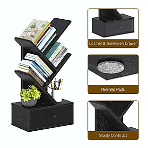 Rolanstar Bookshelf with Drawer, 4 Shelf Tree Bookshelf, Wooden Bookshelves Storage Rack for CDs/Movies/Books, Black Bookcase, Utility Organizer Shelves for Living Room, Bedroom