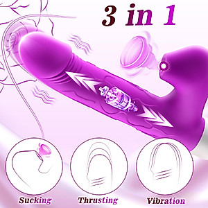 Thrusting Dildo Sucking Rabbit Vibrators for Women, G Spot/Anal Vibrator 10 Thrusting Vibrating and 3 Sucking Modes 3 in 1 Adult Sex Toys