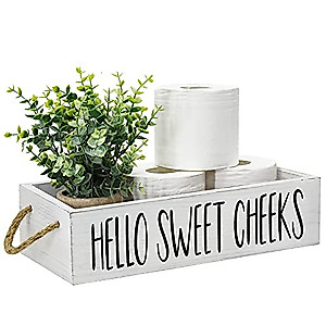 Bathroom Decor Box 2 Sides Funny Toilet Paper Holder Wood Tank Box Over Toilet Paper Storage Basket with Rope Handle Rustic Bathroom Paper Organizer Box with Funny Sign Farmhouse Home Decor Box