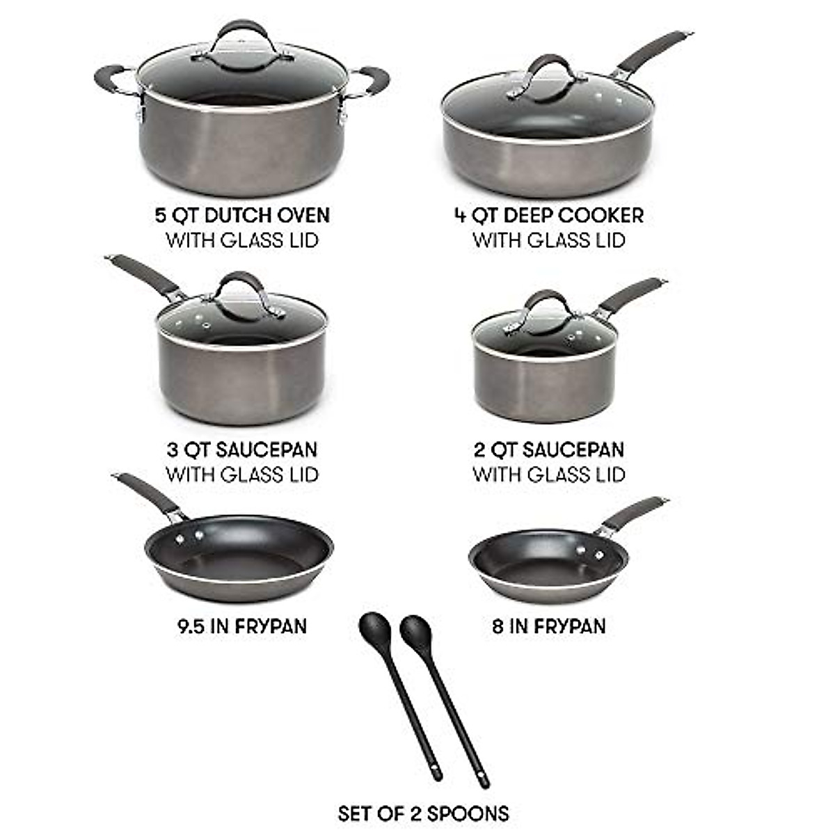 Cooking Light Allure Non-Stick Ceramic Cookware with Silicone Stay Cool Handle, 12 Piece Set, Charcoal