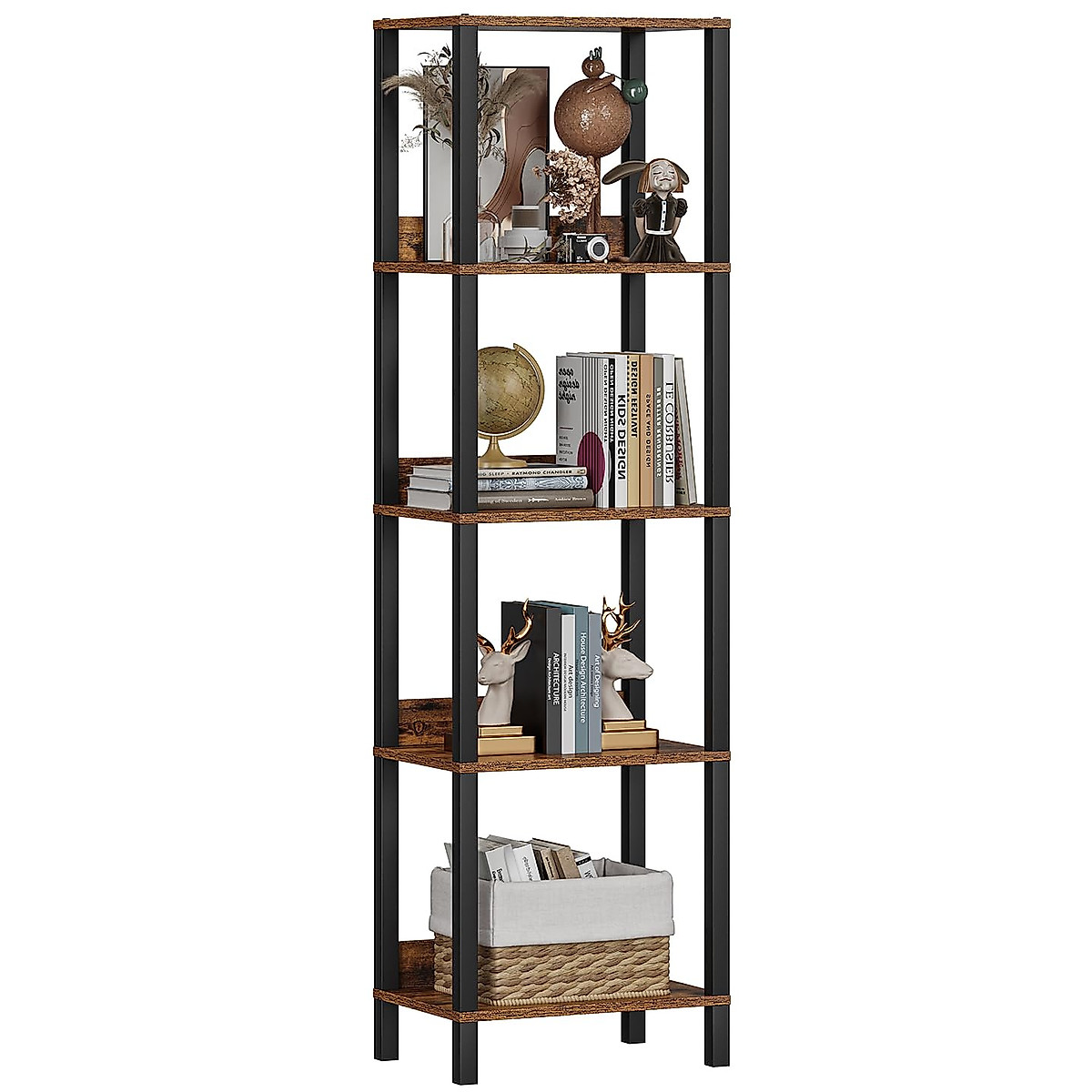 VIMBER 5-Tier Bookshelf with Anti-Fall Baffle, Tall Bookcase for Books, Garage Kit, CDs, Movies, Industrial Standing Bookshelves Storage Organizer for Bedroom Office Living Room USSJ001F