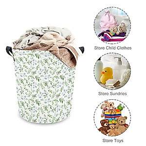 RENJUNDUN Clothes Basket Laundry Hamper with Handles Eucalyptus Greenery Pattern Storage Organizer Perfect for Kids Boys Girls Toys Room, Bedroom, Nursery,Home,Gift Basket, 17.3 inch H x 16.5 inch D