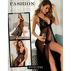 Avidlove Women One Piece Lingerie Deep V Lace BabyDoll Long Gown Spaghetti Strap Mesh Nightwear Black