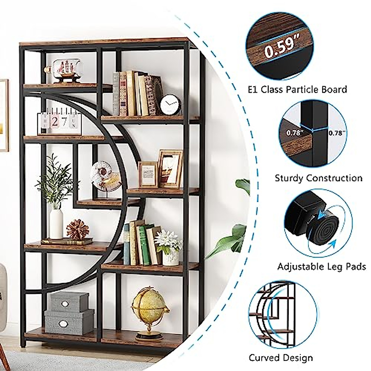 Tribesigns Bookshelf Industrial 5 Tier Etagere Bookcase, Freestanding Tall Bookshelves Display Shelf Storage Organizer with 9-Open Storage Shelf for Living Room, Bedroom