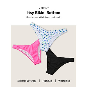 Victoria's Secret Pink V Front Itsy Bikini Bottom, Swimsuit for Women, Minimal Coverage Bathing Suit Bottoms for Women, Pure Black (M)