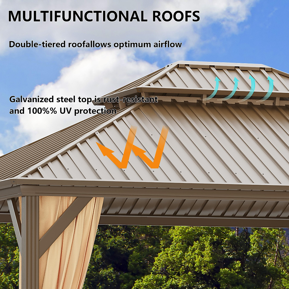 LATTOY 12'x14' Permanent Hardtop Gazebo, Outdoor Galvanized Steel Double Roof Pavilion Pergola Canopy with Aluminum Frame and Privacy Curtains for Garden Patio,Patio Backyard,Deck and Lawns