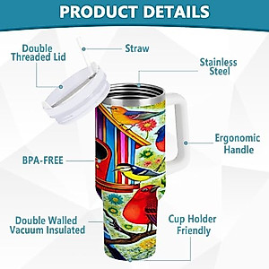 RPLIFE Colorful Birds 40 Oz Tumbler with Handle, Stainless Steel Cup, Insulated Water Bottle with Straw