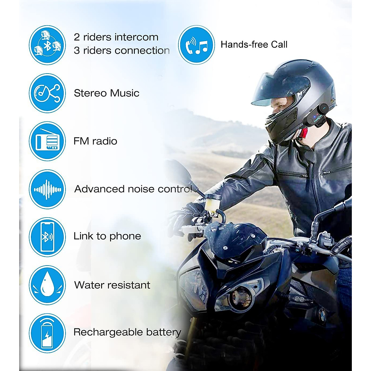 FreedConn TCOM-VB Motorcycle Helmet Bluetooth Intercom Headset Communication Systems Kit, for 2 or 3 Riders, FM Radio/Mobile phone/MP3/GPS Connective/Range 800m / Handsfree (1 Set)