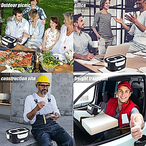 JWZILMR Electric Lunch Box Food Heater, 60W Food Warmer for Car Truck Office, 1.5L Stainless Steel Self-Heated Lunchbox for Adult, Portable Heating Box with Adapters Fork Spoon Insulated Bag