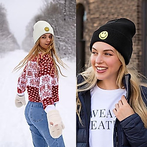 SONMONY Smile Face Beanie Hats for Women Mens Winter Knit Beanies Soft Cuffed Warm Smile Stretchy Beanies Hat… White