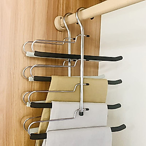 Pants Hangers, HAIZLUOP 2pcs Metal Space Saving Magic Hangers, 4 Layers (Black)