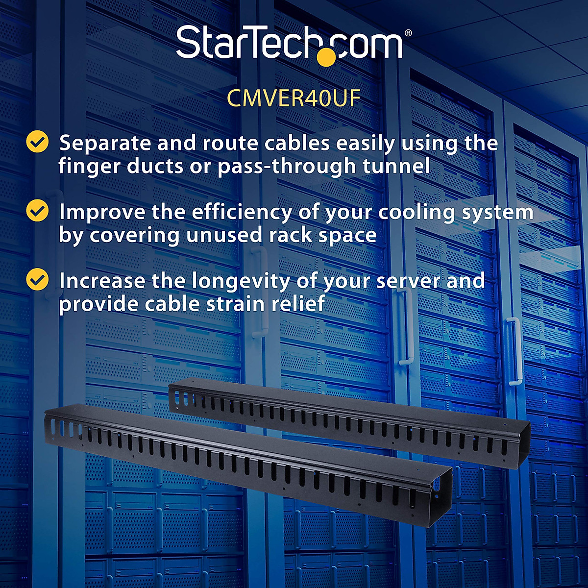 StarTech.com Vertical Cable Organizer with Finger Ducts - Vertical Cable Management Panel - Rack-Mount Cable Raceway - 40U - 6 ft (CMVER40UF)