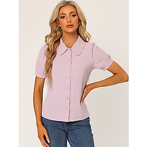 Allegra K Work Collared Top for Women's Peter Pan Collar Short Sleeve Button Front Shirt X-Small Pink