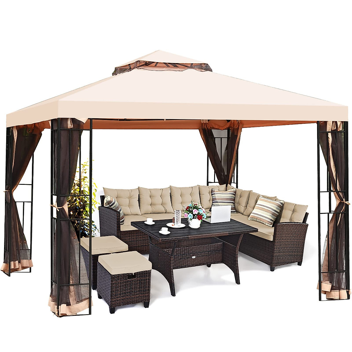 Tangkula 10x10 Feet Patio Gazebo, Outdoor Steel Gazebo with Netting, Double Vented Roof, Outdoor Patio Pavilion Shelter w/ 100 Square Feet of Shade, Ideal for Garden, Backyard, Deck