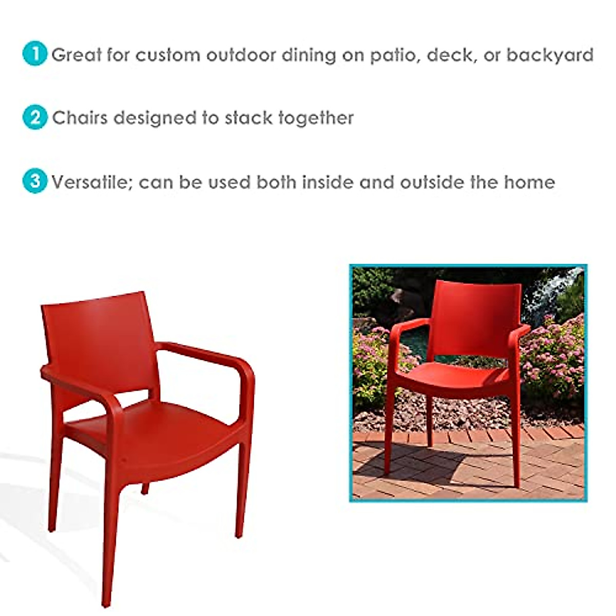 Sunnydaze Landon Plastic Patio Dining Armchair Seat - Modern Design - Deck, Lawn and Garden Seat - Indoor or Outdoor Use - Commercial Grade All-Weather - Red - 4 Chairs