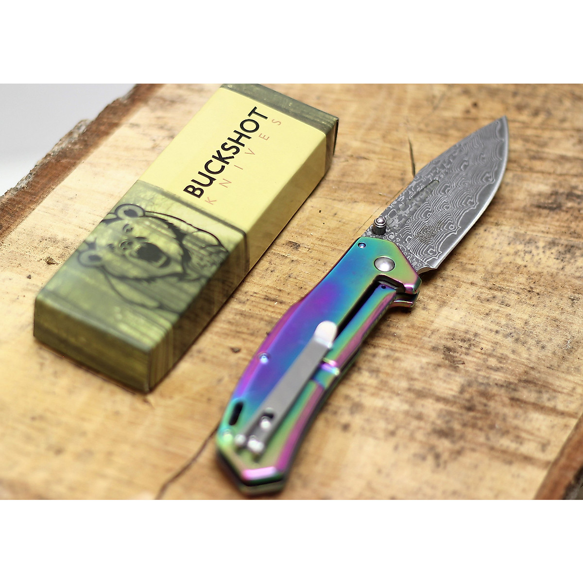 Buckshot Knives Thumb Open Spring Assisted Stainless Steel Titanium Handle with 3D Etched Inlay, Etched Damascus Wave Blade Pocket Knife (PBK215RW)