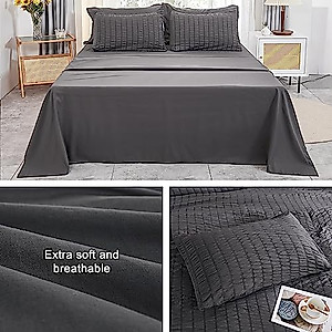 AveLom Dark Grey Comforter Queen Size Set with Sheets - 7 Pieces Bed in a Bag Seersucker Complete Bedding Set, All Season Lightweight Bed Set with Comforter, Sheets, Pillowcases & Shams