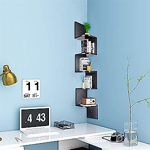 Guangshuohui Wood Corner,5 Tiers Wall Shelf Zig Zag Wooden Shelves Wooden Mount Rack Home Furniture,7-7/8"L x 7-7/8"W x 48-7/16"H(20x20x123cm) (Black)