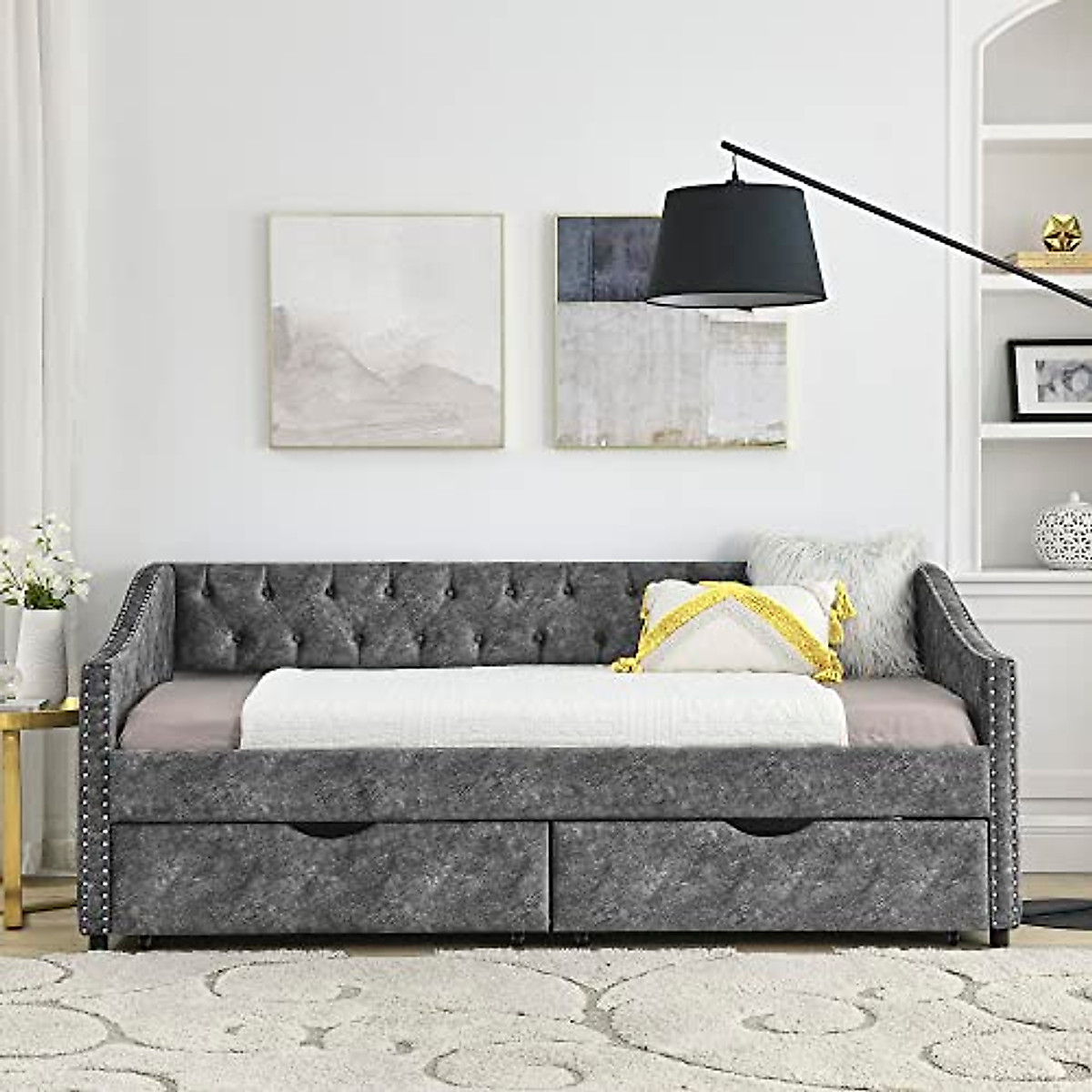 EMKK Twin Size Daybed with Drawers Upholstered Tufted Sofa Bed, with Button on Back and Copper Nail on Waved Shape Arms,Storage Platform Bed for Kids Teens and Adults