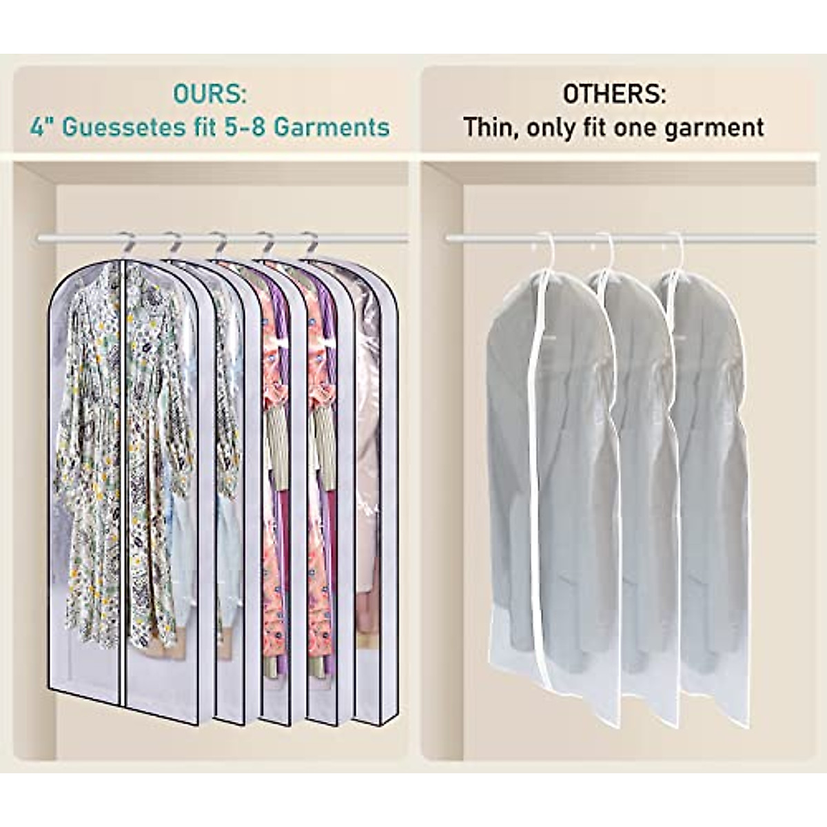 SLEEPING LAMB 60'' Long Hanging Garment Bags for Closet Storage Gusseted Clear Dress Bag for Clothes, Gowns, Coats, Suits, 5 Packs