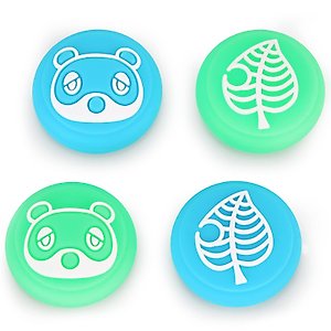 Tscope Cute Thumb Grip Caps for Nintendo Switch/Lite/OLED Controller, for Animal Crossing Kawaii Leaf Joystick Analog Soft Silicone Button Stick Covers for NS Joy Cons (Leaf Raccoon)