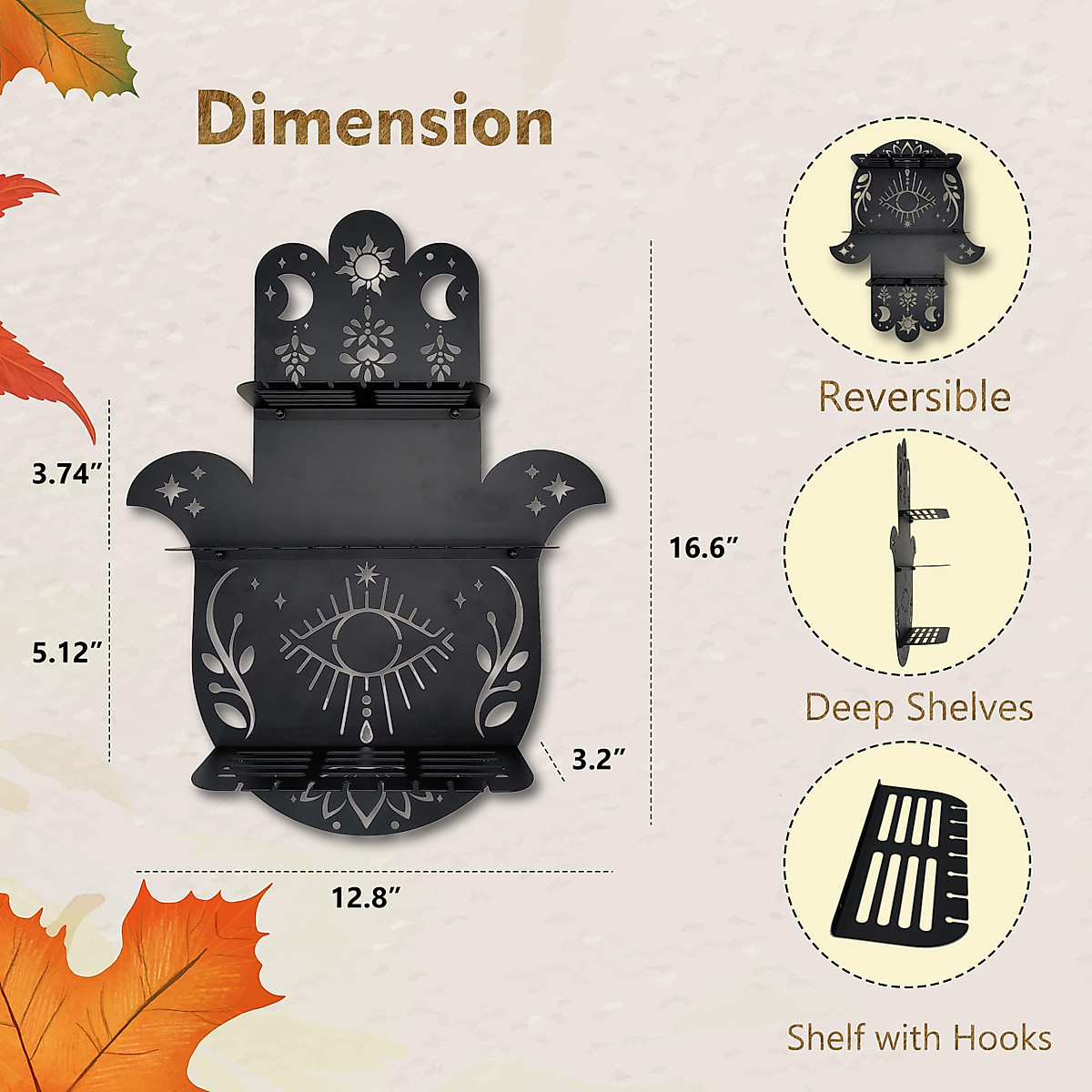 Hamsa Hand Crystal Display Shelf Metal Hamsa Wall Decor Floating Shelf Crystal Holder Spiritual Room Decor Shelf Evil Eye Decor Spiritual Decor Shelf for Stones Essential Oil Witch Decor Shelf