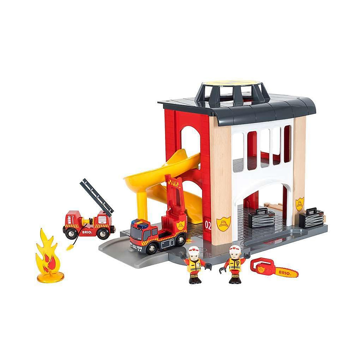 BRIO 33833 World Central Fire Station - Interactive Toy Set with Fire Truck and Accessories | Light and Sound Features | Compatibility with All BRIO Railway Toys | Safety Tested | for Kids Ages 3+