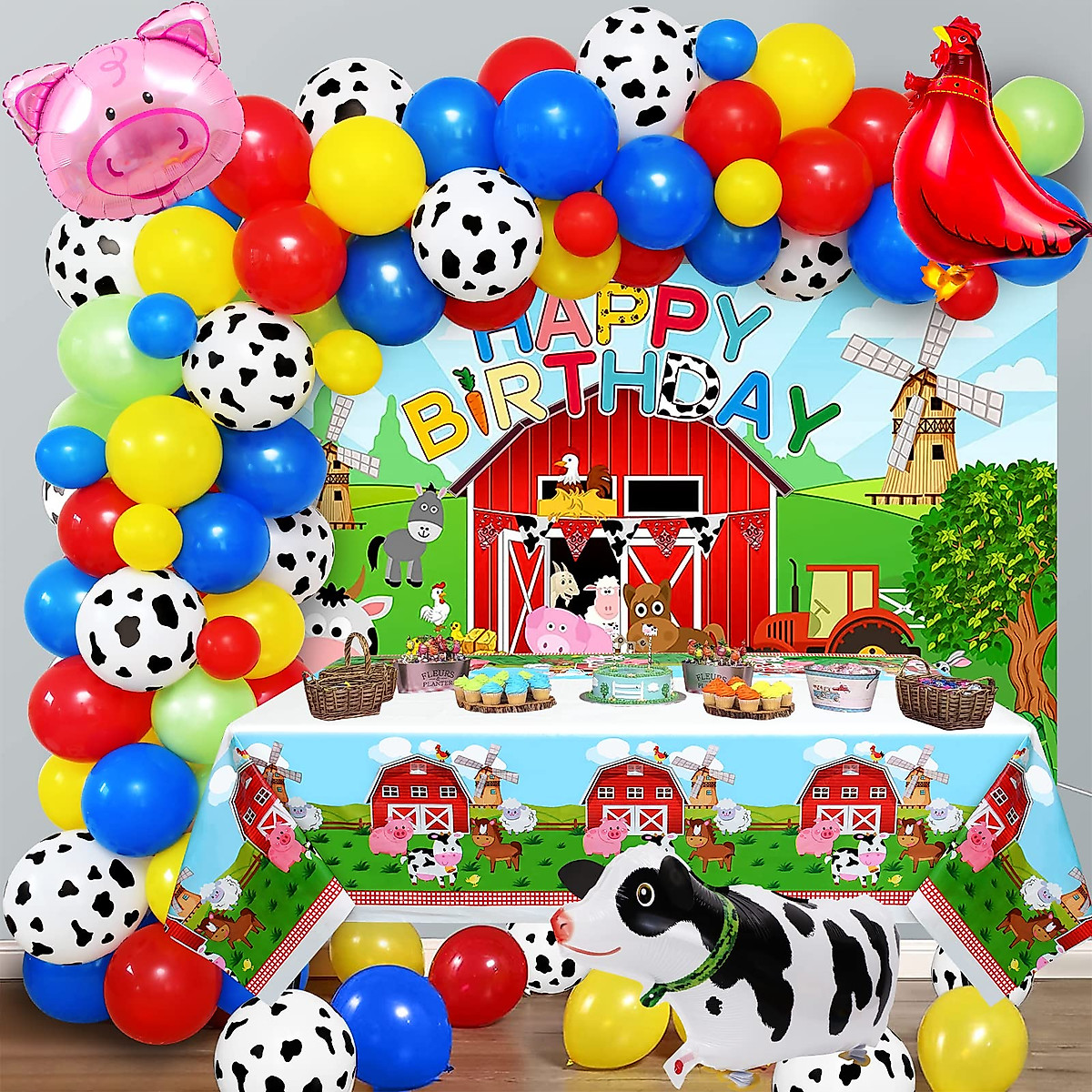 Golray 91Pcs Farm Animals Party Decorations Supplies, Farm Barn Animal Backdrop Farmhouse Decor Tablecloth Cow Print Horse Balloon Arch Garland Kit 1st Baby Shower Birthday Party Supply for Kids Girls