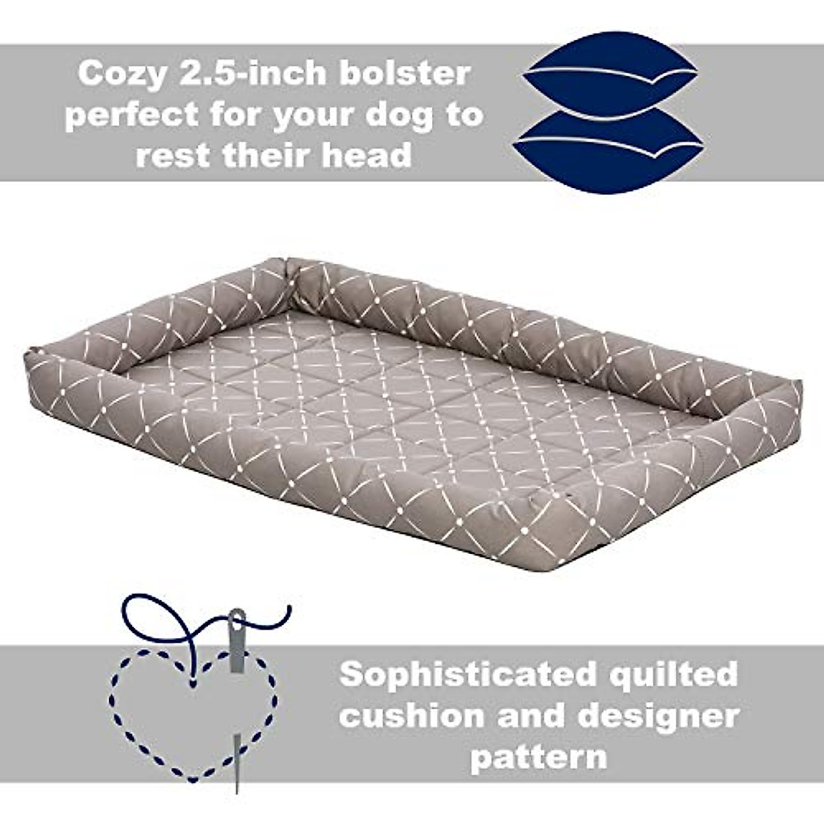 MidWest Homes for Pets 40236-MRD Quiet Time Couture Ashton Bolster Pet Bed, Intermediate Dog/36, Mushroom, Mushroom & White Diamond Pattern, 36-Inch