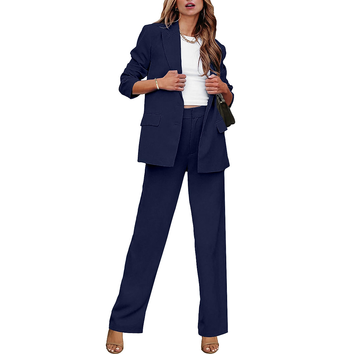 luvamia 2 Piece Outfits for Women Dressy Blazer Jackets High Waisted Straight Leg Pants Suits Set Business Casual Office Two Piece Outfits for Women Dressy Pant Suits Womens Wide Leg Pants Navy Blue