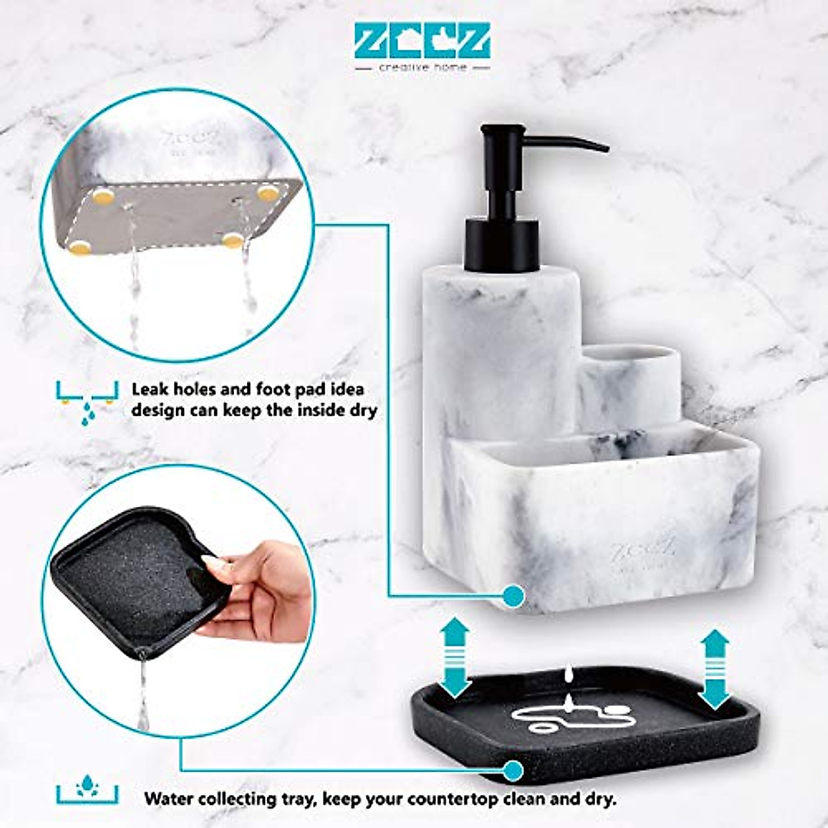 ZCCZ White Soap Dispenser with Sponge Holder, Kitchen Soap Dispenser Pump, Sponge Caddy and Brush Holder 3 in 1 Set Organizer for Sink Countertop, Removable Tray, Marble Look