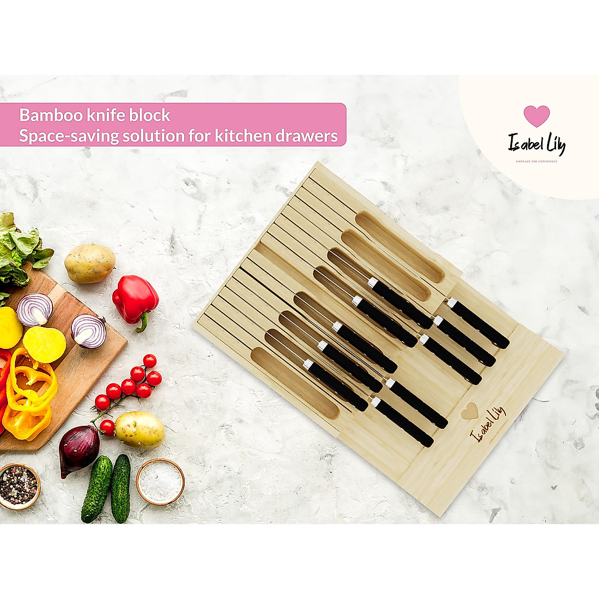 Isabel Lily - Bamboo Kitchen Knife Holder for Drawer | Organize 8 Short and 8 Long Knives and 1 Sharpener | Anti-Slip Surface | Includes Microfiber Cloth