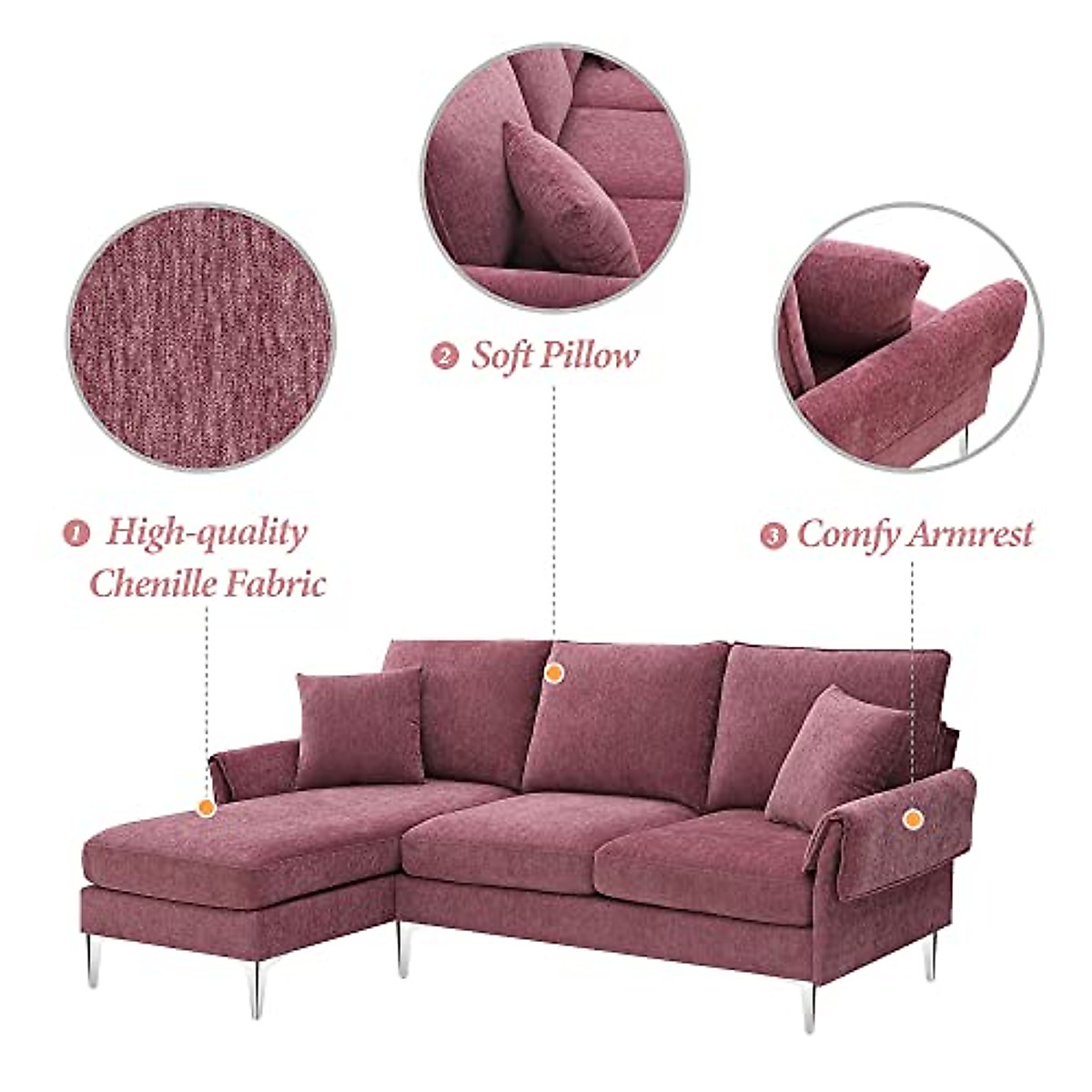 Polibi 84" L-Shaped Convertible Sectional Sofa, Modern Chenille 3-Seat Sofa Couch with Reversible Chaise Lounge, 2 Pillows and Metal Legs for Living Room, Pink