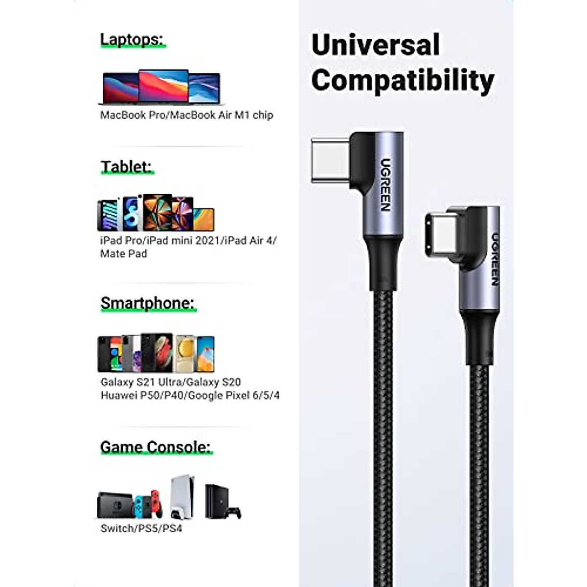 UGREEN 100W USB C Cable 90 Degree PD3.0 Fast Charging Compatible with MacBook Pro 2022, iPad Pro 2022, Elitebook, Dell XPS/Inspiron, Samsung Galaxy S23/S22/Z Fold, Pixel, Switch, etc. 3.3FT