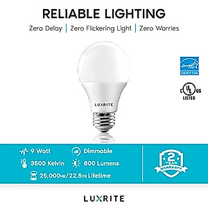 LUXRITE A19 LED Bulb 60W Equivalent, 3500K Natural White, 800 Lumens, Dimmable Standard LED Light Bulbs 9W, Enclosed Fixture Rated, Energy Star, E26 Medium Base - Indoor and Outdoor (4 Pack)