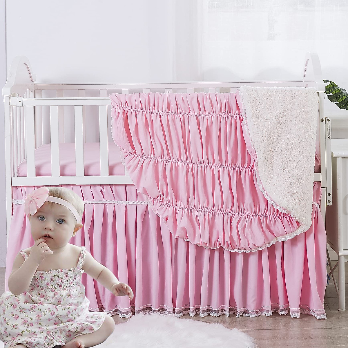 Brandream Baby Nursery Bedding Girls Pink Crib Bedding Set Luxury Ruffled Ruched Round Blanket, Fitted Sheet, Lace Skirt, 3 Piece