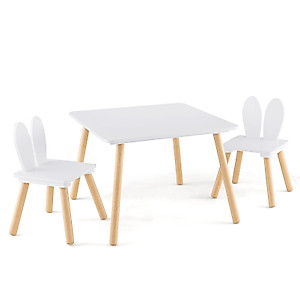 HONEY JOY Kids Table and Chair Set, Children Wooden Activity Table & 2 Chairs Set, Solid Wood Legs, Easy Assembly, 3 Piece Rabbit Themed Toddler Furniture Set for Art Craft (White)
