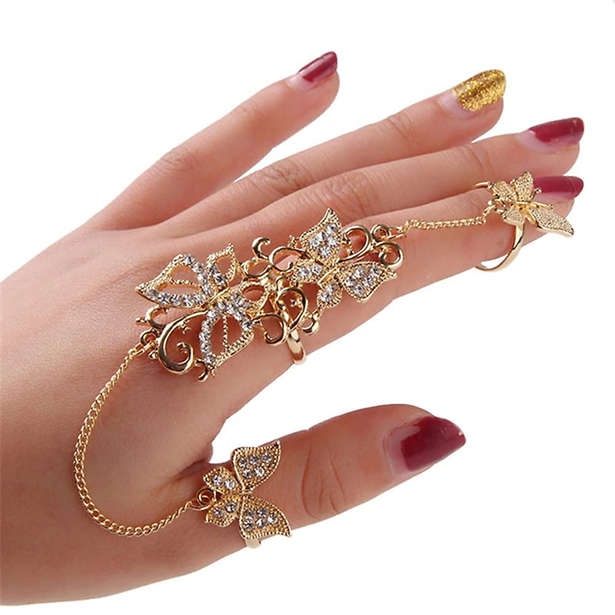 CZ Butterfly Ring Bracelet for Women 14K Gold Plated Dainty Slave Hand Chain Harness Bangle Boho Gypsy Bollywood Wedding Cosplay Retro Party Y2K Jewelry 1 Piece