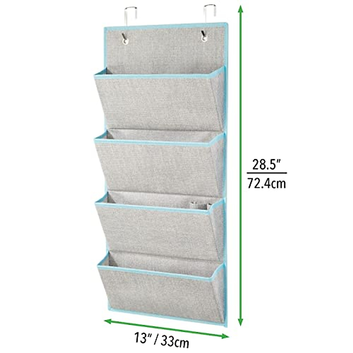 mDesign Soft Fabric Over The Door Hanging Storage Organizer with 4 Large Pockets for Closets in Bedrooms, Hallway, Entryway, Mudroom - Hooks Included - Textured Print - Gray/Teal Blue