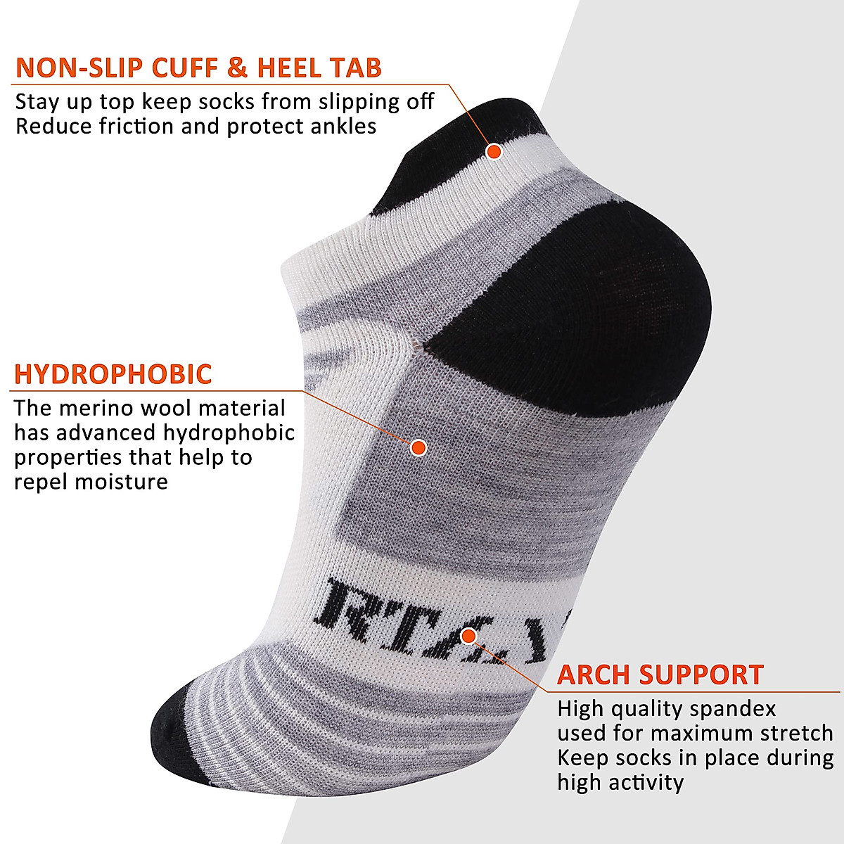 RTZAT 90% Merino Wool Athletic Running Tennis Ultra-Light Ankle Low Cut No Show Cushioned Socks for Men & Women, X-Large, Black&White&Light Gray