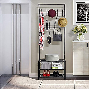 Yaheetech 3-in-1 Coat Rack Shoe Bench Entryway Hall Tree with 18 Hooks and 3-Tier Shoe Storage Bench, Metal Coat Hat Stand Rod for Hanging Jacket, Easy Assembly, Black