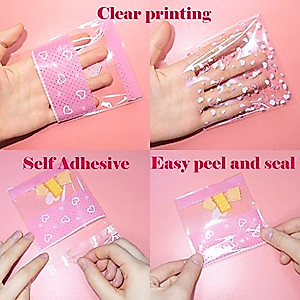 HADDIY Valentine Small Cellophane Candy Bags,200 Pcs Heart Self Adhesive Clear Cookie Treat Bags for Kids Valentines Day Party Favor and Sweet Packing-Pink